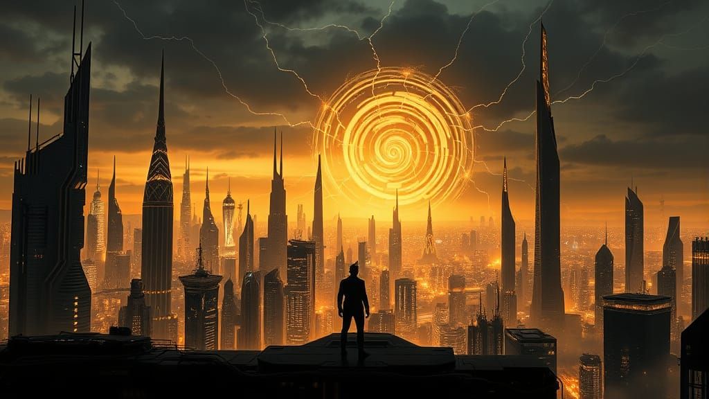 Cyber Sun - Cyberpunk Cityscape at Dusk with Neon Lights