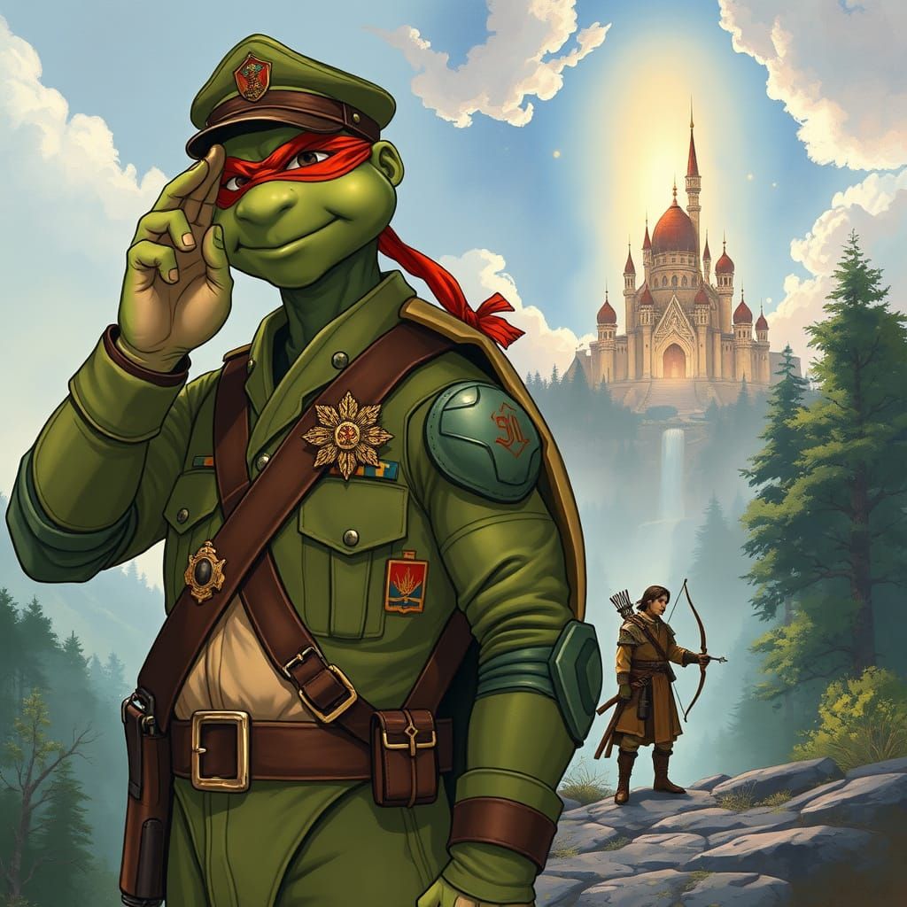 Cyberpunk Ninja Turtle Soldier in Uniform, Salutin... - AI Art