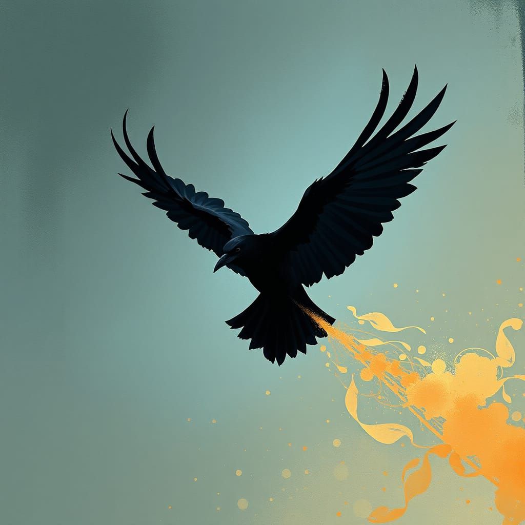 Vibrant Crow in Mid-Flight, Shimmering Stardust an... - AI Art