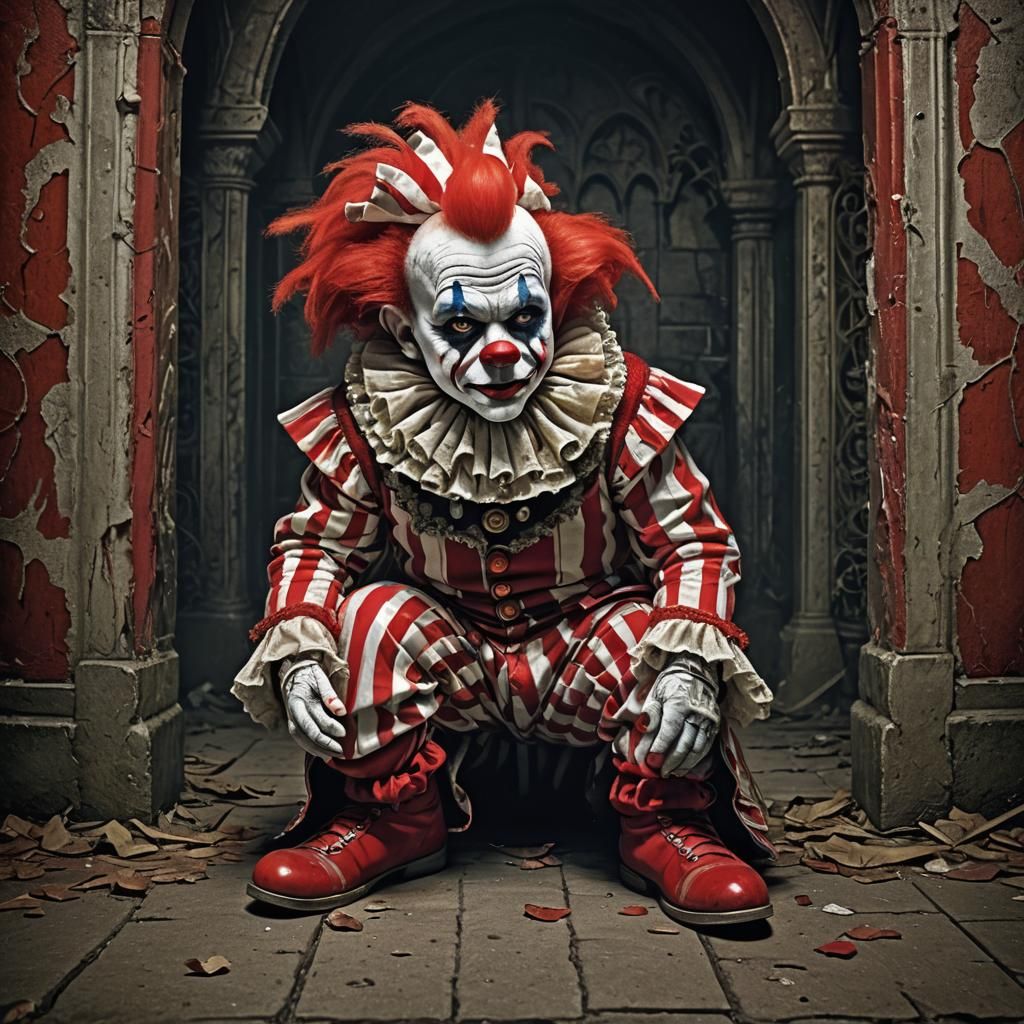 Mr Stripes - Eerie Dwarf Clown Portrait in Gothic Setting