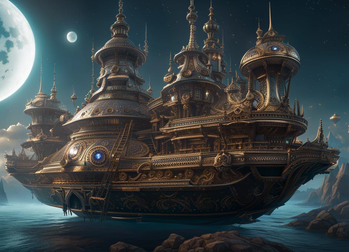 Rococo Gothic White Alien Pirate Ship Flying In the cosmic Galaxy ...