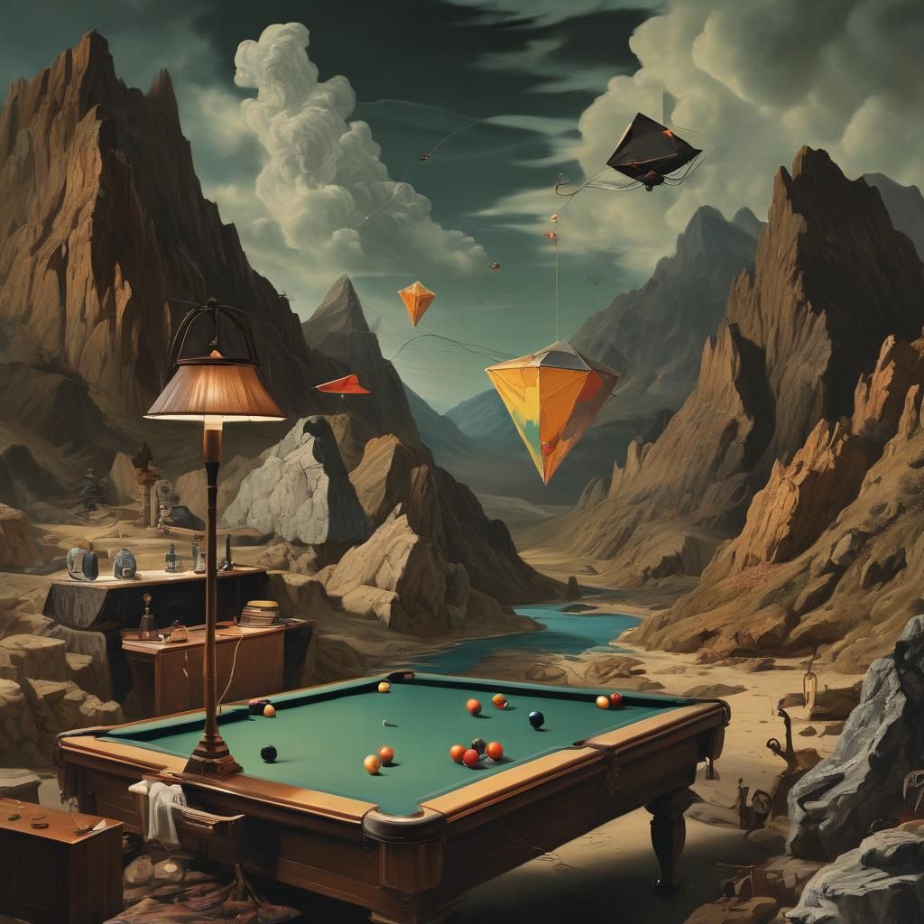 intriguing figures and mysterious objects, pool, table, lamp, kite ...