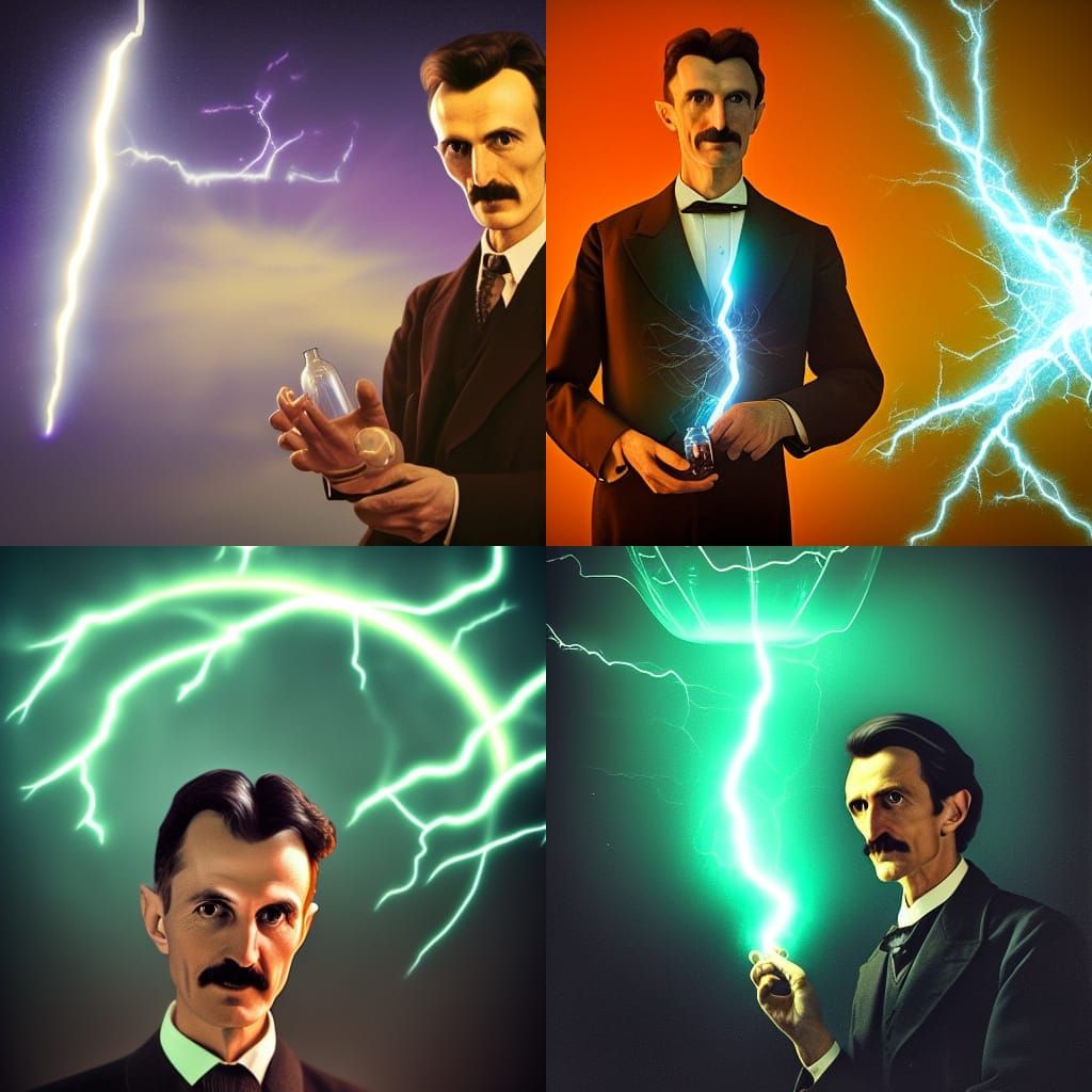 Portrait of Nikola Tesla catching glowing lightning in a bottle, 8K ...