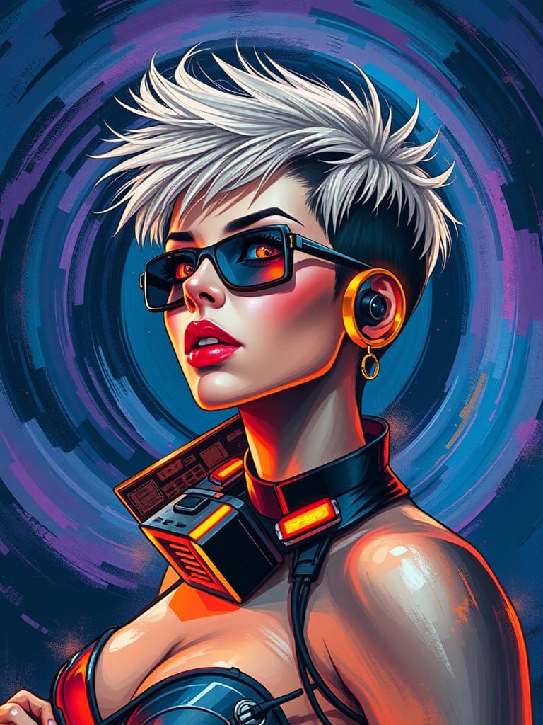 Trashy tech goddess, pixie haircut, pulp fantasy aesthetic, set in outer space