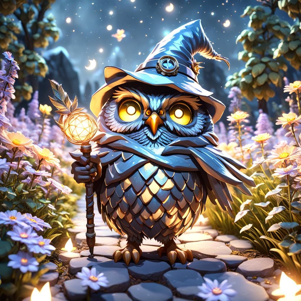 Hppay Dreamy Chibi Wizard owl 3D character holding magic wand walking ...