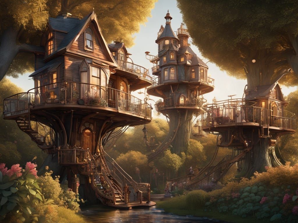 Elegant Steampunk Treehouse in Whimsical Garden Se... - AI Art