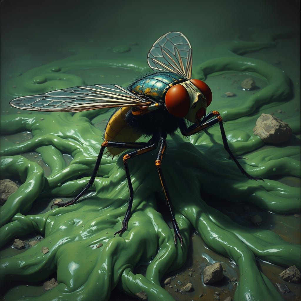 a massive, giant fly thrashing about in slime, gallons and gallons of ...