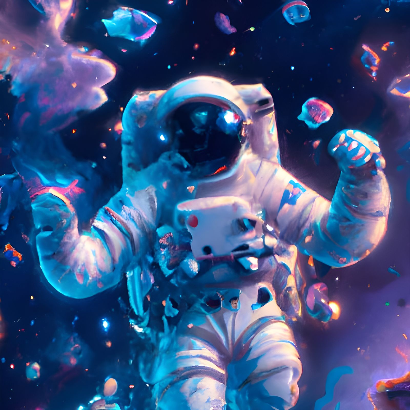 a serene spaceman floating in space with a tinted hamlet covering his ...