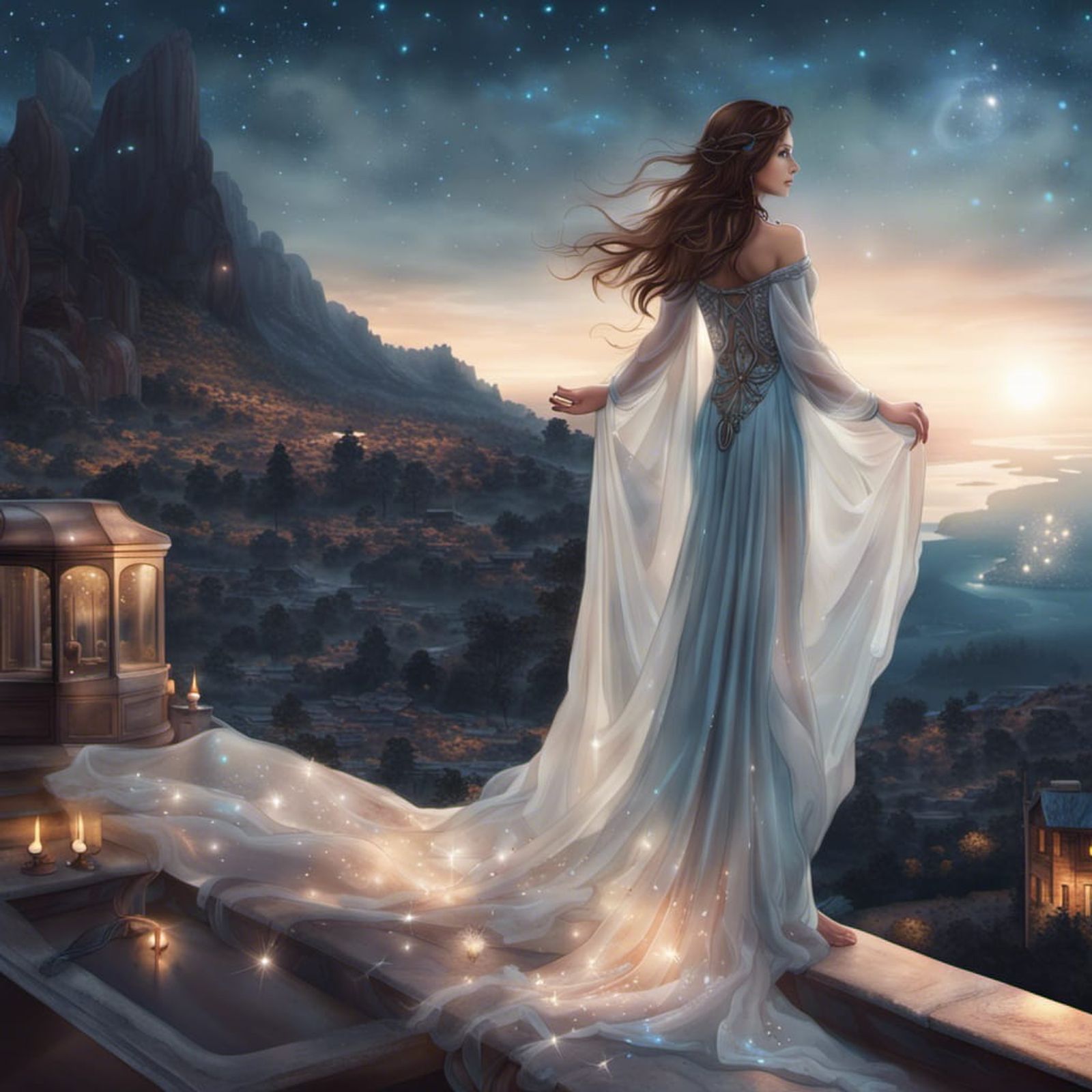 Young beautiful brown haired fae woman standing on a mountain balcony ...