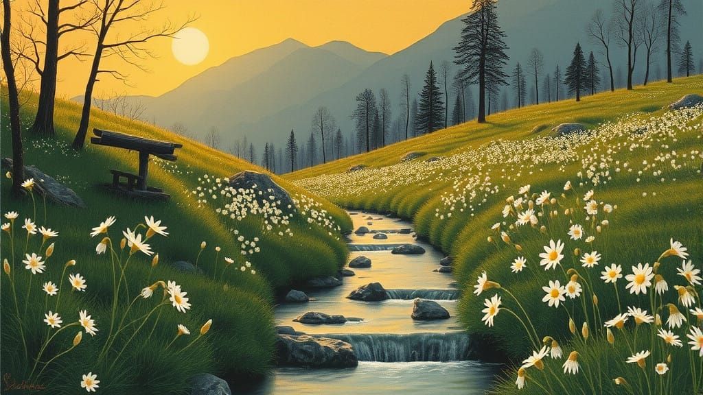 Serene Snowscape with Blooming Flowers in Golden H... - AI Art