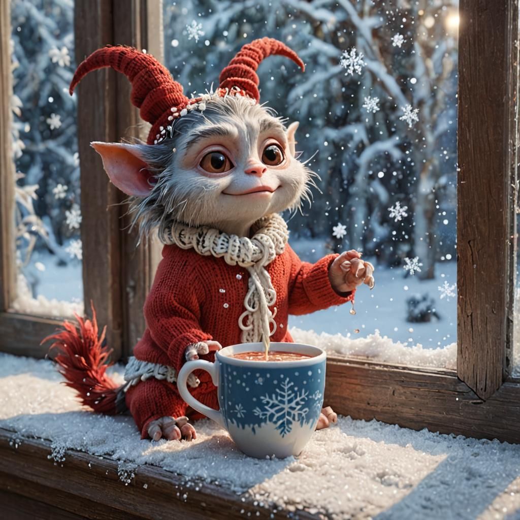 gremlin - Charming Winter Gremlin by a Frosty Window