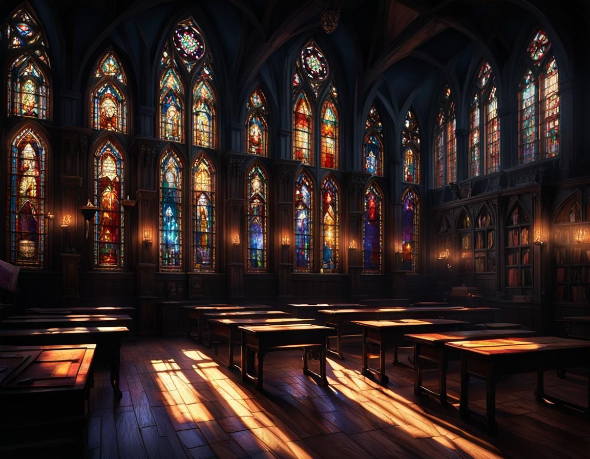 A dark and atmospheric classroom with gothic architecture, stained ...
