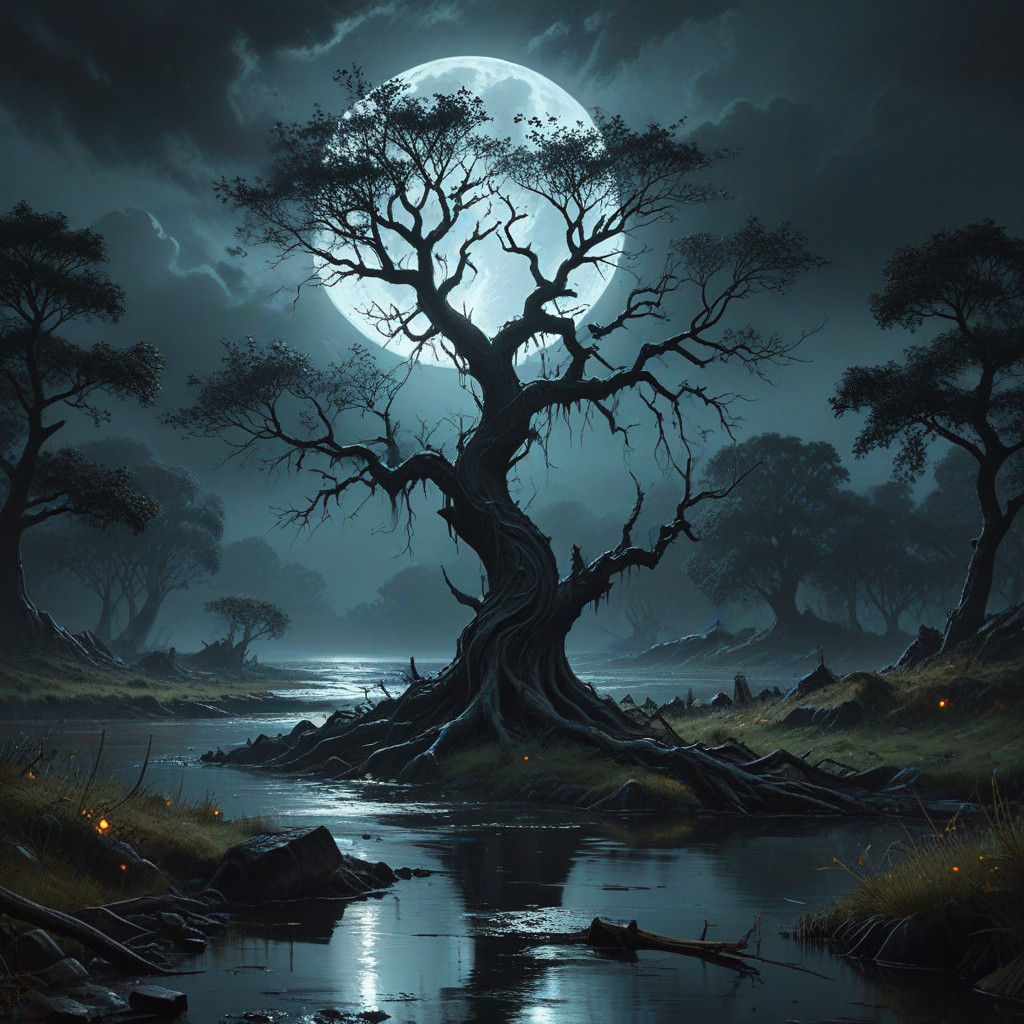 Twisted Bayou Tree Radiates Under Full Moonlight - AI Art
