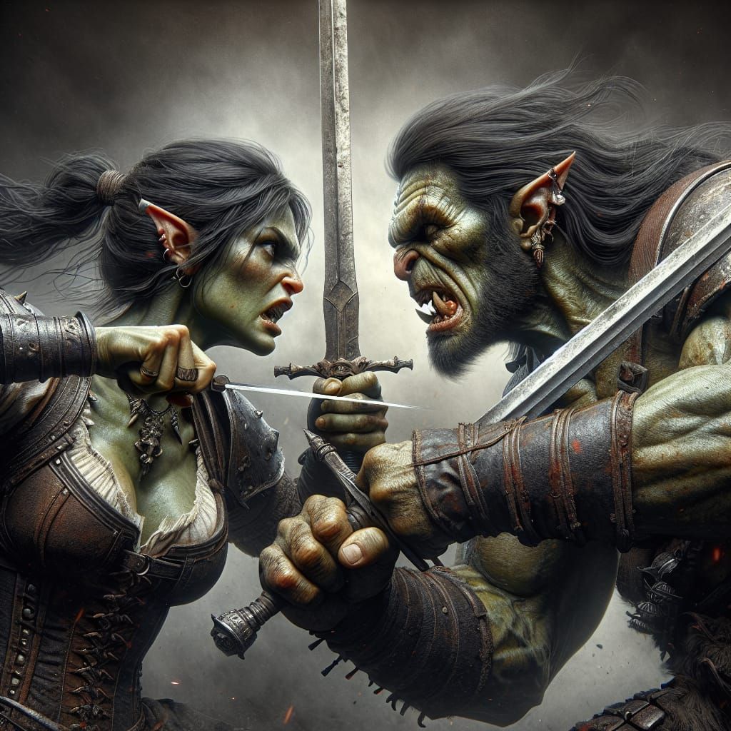 Hyper-realistic female orc dueling with a male orc with swords over a ...