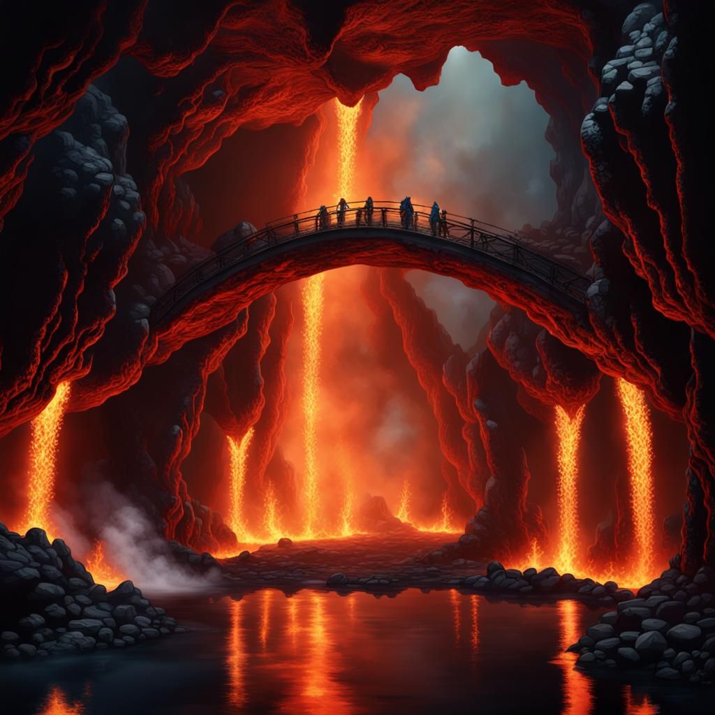 A huge underground cavern with a craggy rocky bridge spanning over ...