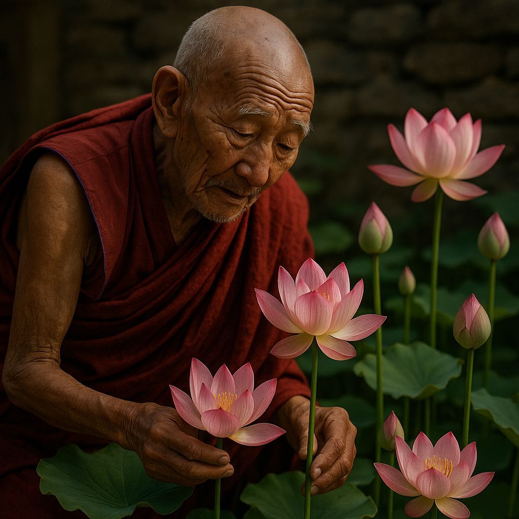 Old tibetian munk, taking care of several beautiful lotus flowers.