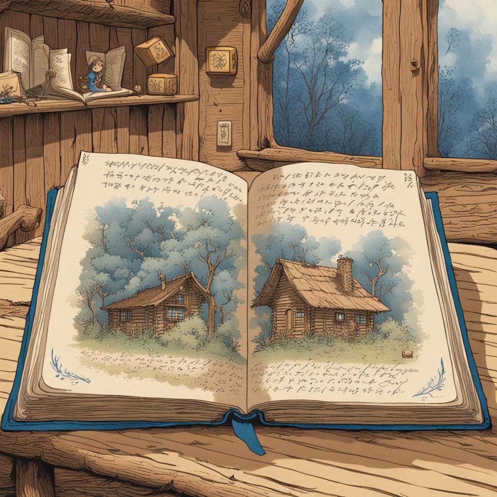 A very old faded open storybook with blue black ink cursive handwriting ...