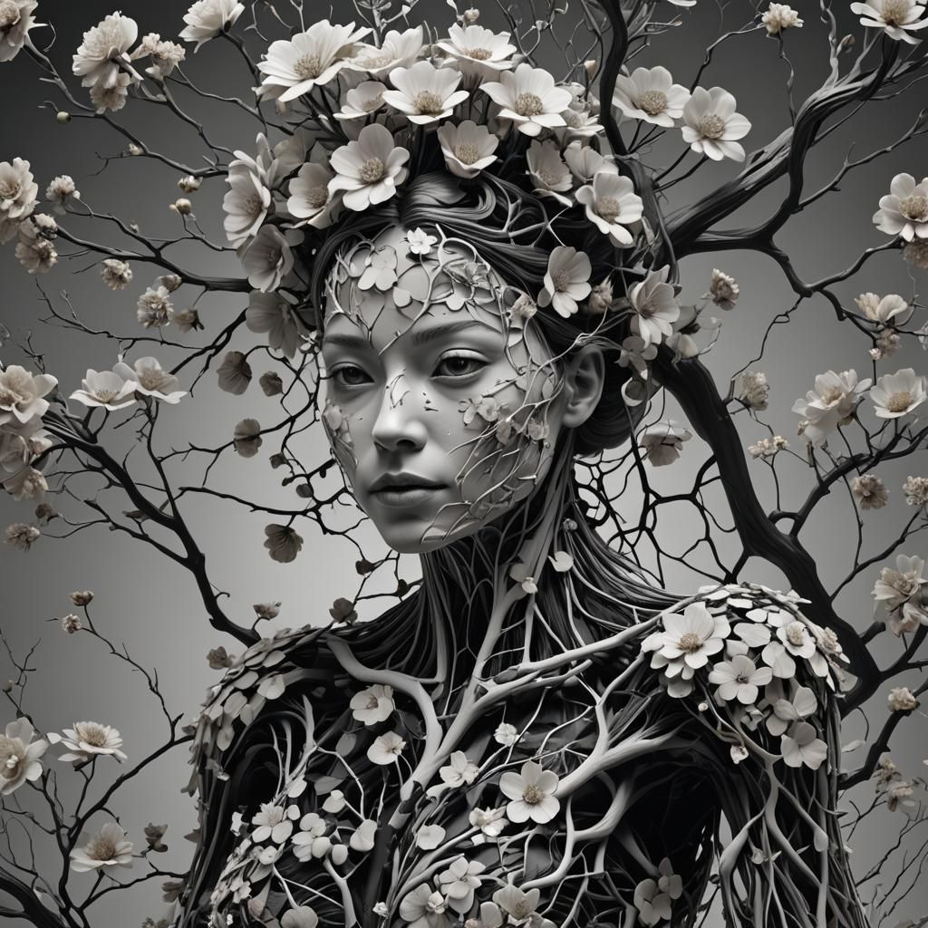 3d woman in flowers with human and flower shaped branches, in the style ...