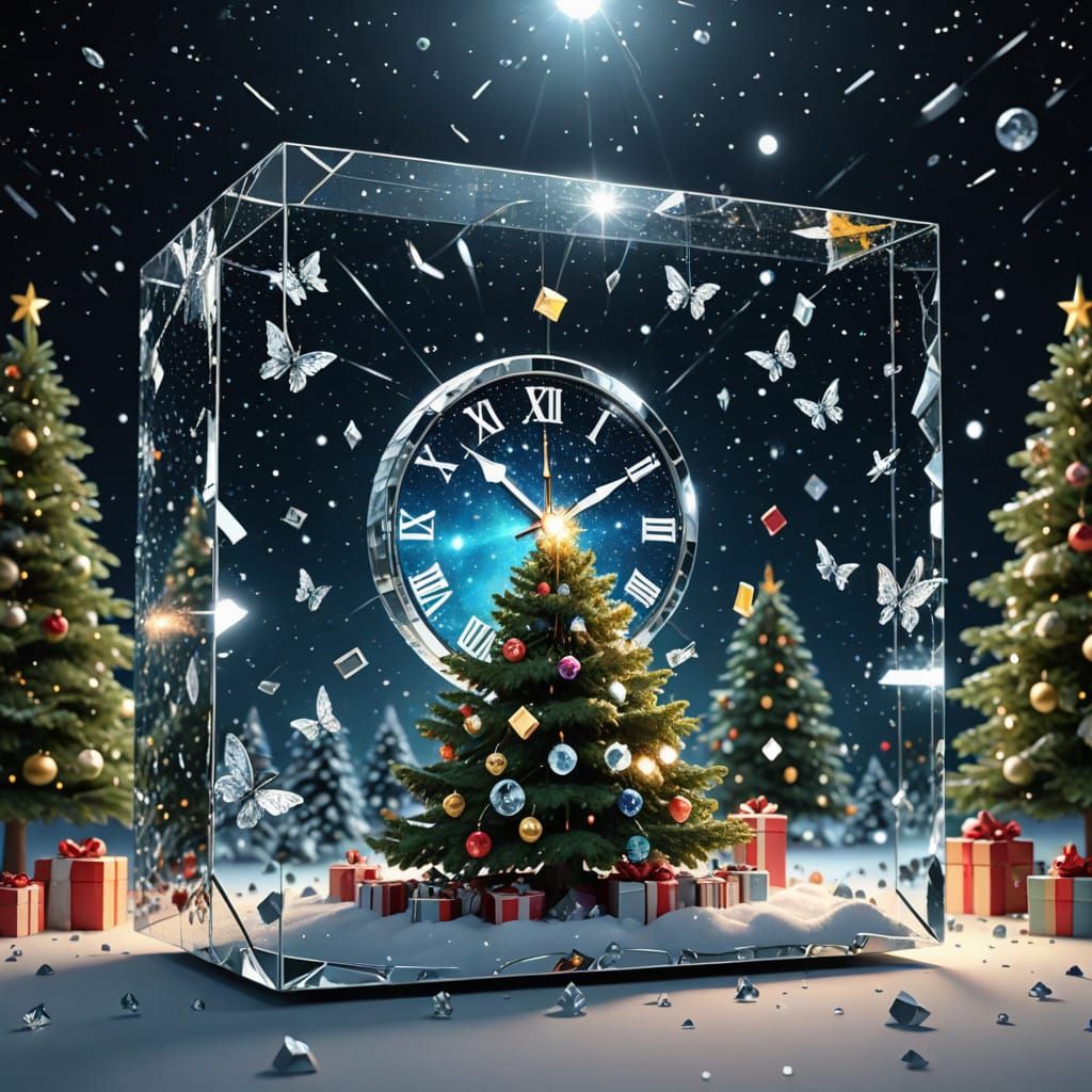 ultra-realistic diamond mirror cube + Christmas tree + single plane ...