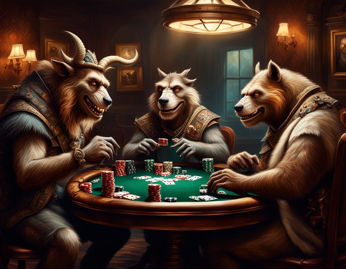 High-detail digital art: Couple of anthropomorphic beasts playing poker ...