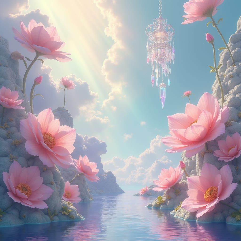 Dreamy Liminal Oasis with Pastel Blooms and Shimme... - AI Art