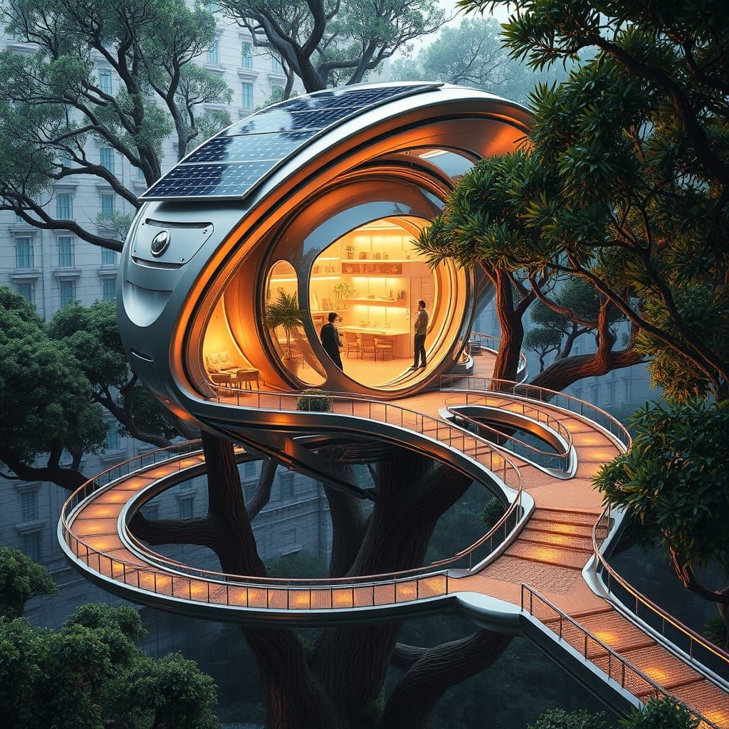 Futuristic Cyberpunk Treehouse with Solar Panels - AI Art