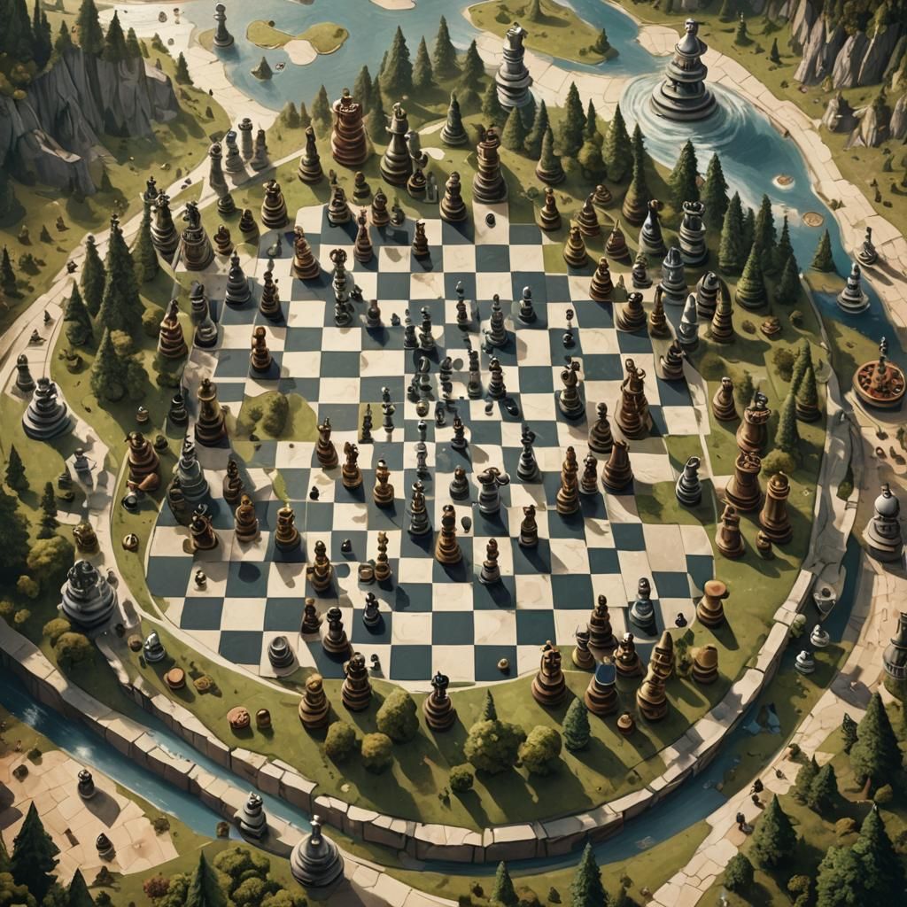 landscape view of a chess inspired world, a world that is centered ...