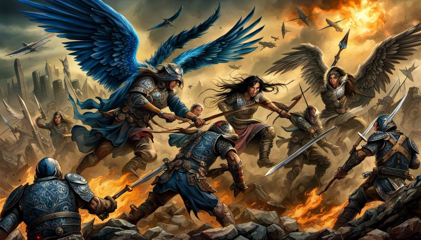 "Tattooed Angel Warriors flying in the air fighting flying blue demons ...