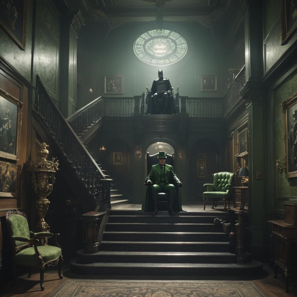 hall with stairs, there are chair, riddler and batman in hall, chair is ...