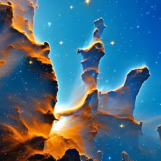 webb telescope image of pillars of creation. Blue nebula, stunning display of stars against a ...