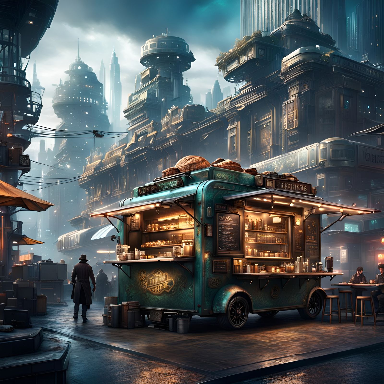 Steampunk food trucks zooming through cyberpunk cityscapes, offering ...