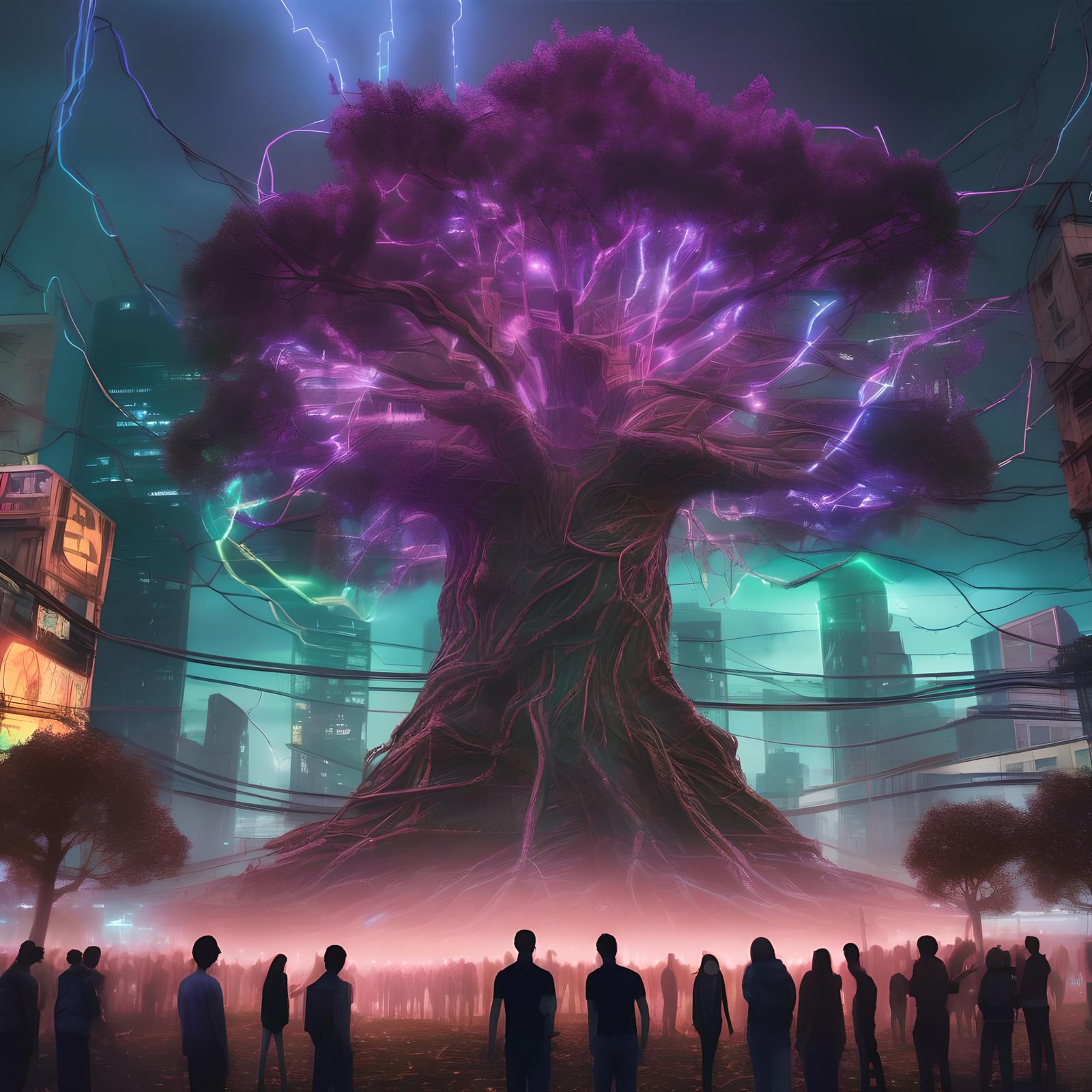 A crowd gathered in reverence around a colossal tree. This tree ...