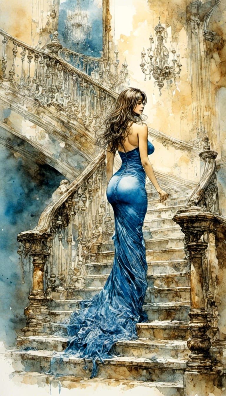 Sofia Vergara climbing stairs - AI Generated Artwork - NightCafe Creator