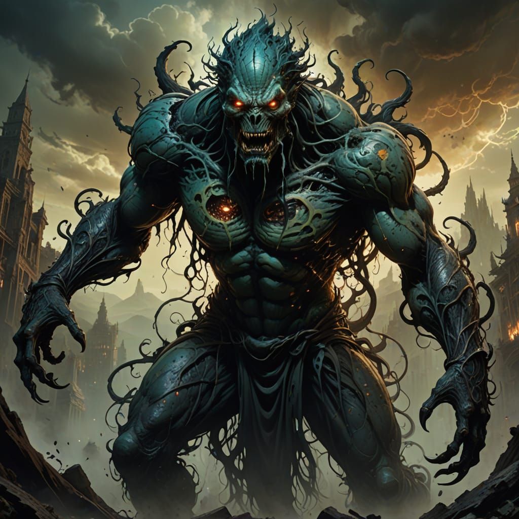 Surreal Hellish Monster Emerges from Vortex in Dar... - AI Art