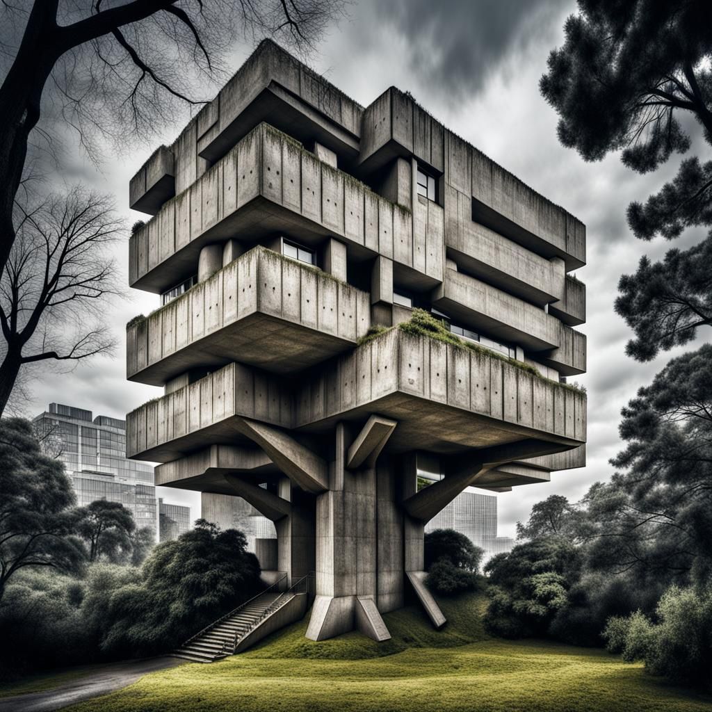 Brutalist tree house with fake tree - AI Generated Artwork - NightCafe ...