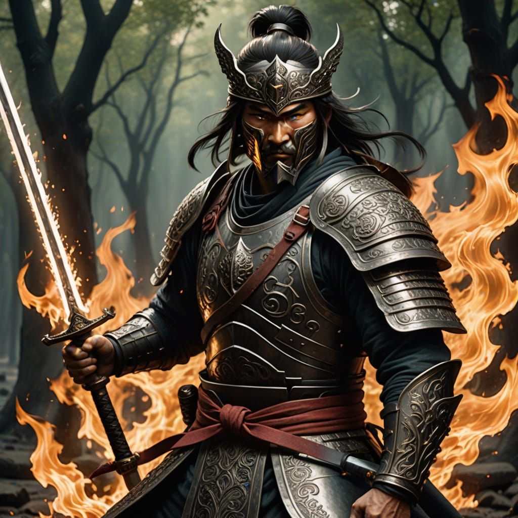 Heroic Warrior Stands Firm Against Blazing Flames - AI Art