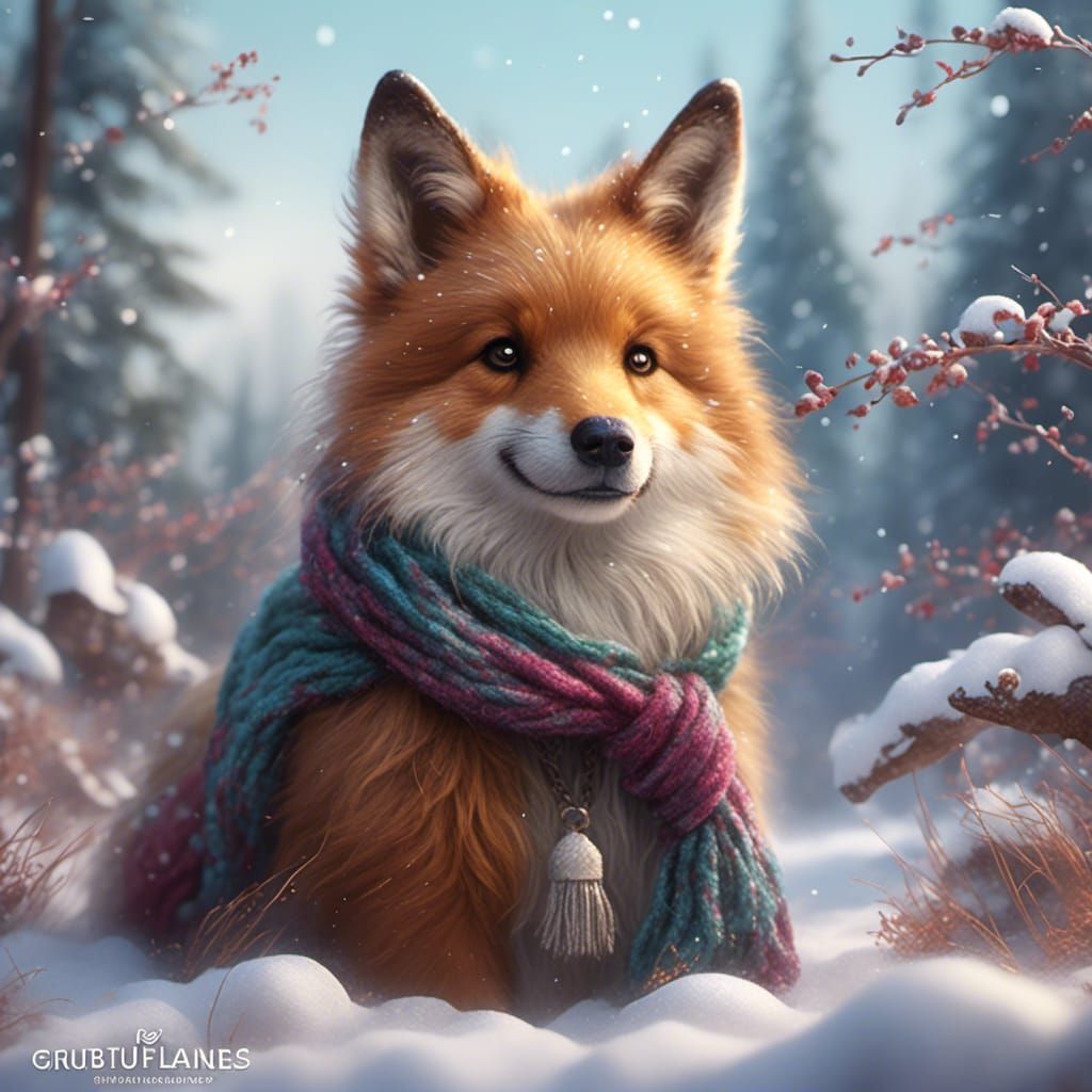 Fox Portrait Winter - Cute Winter Fox in Realistic Style