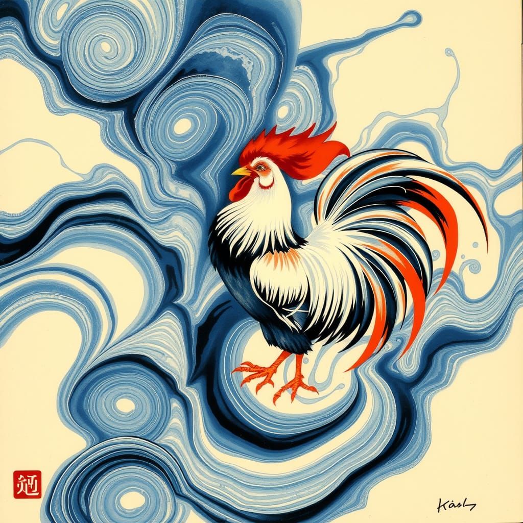 Dawn breaks with his cry, Waves of blue behind his tail— The sun bows ...