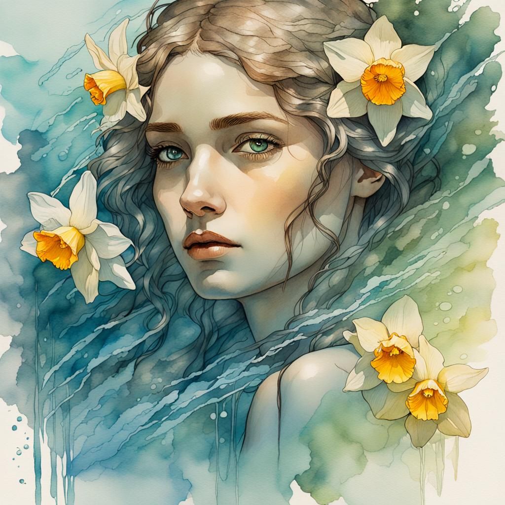 Echo the Water nymph, sadness in her eyes as she watches narcissus slowly fade, longing and ...
