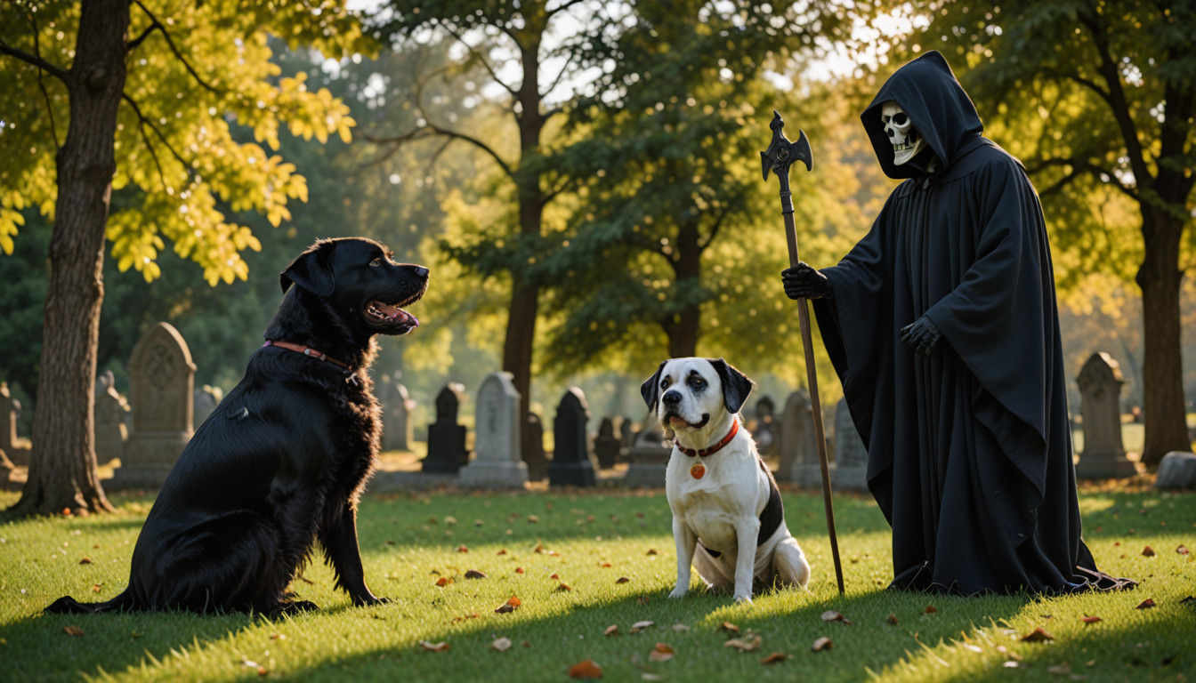 The grim reaper plays with his dogs