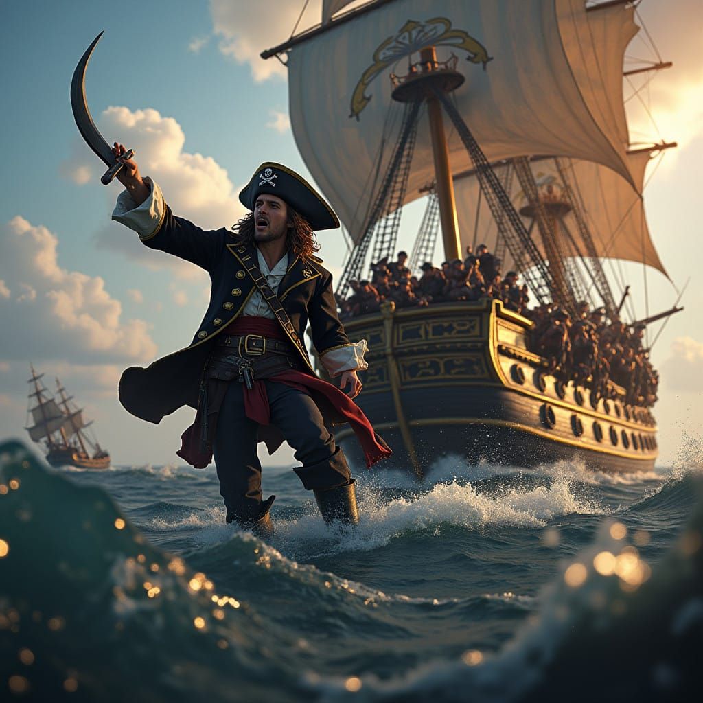 Pirate Captain Shouts from Majestic Black and Gold... - AI Art