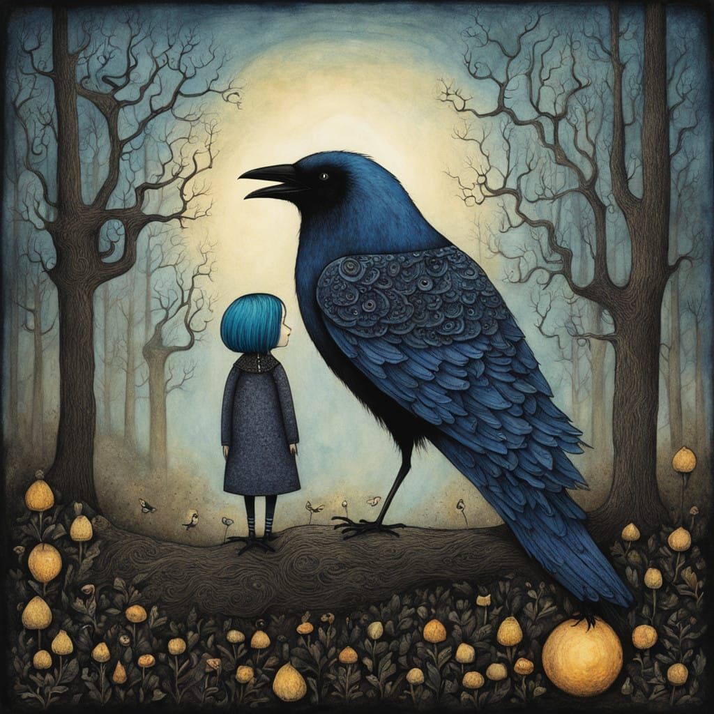 goth girl and her blue crow - Gothic Beauty Adorns Mournful...