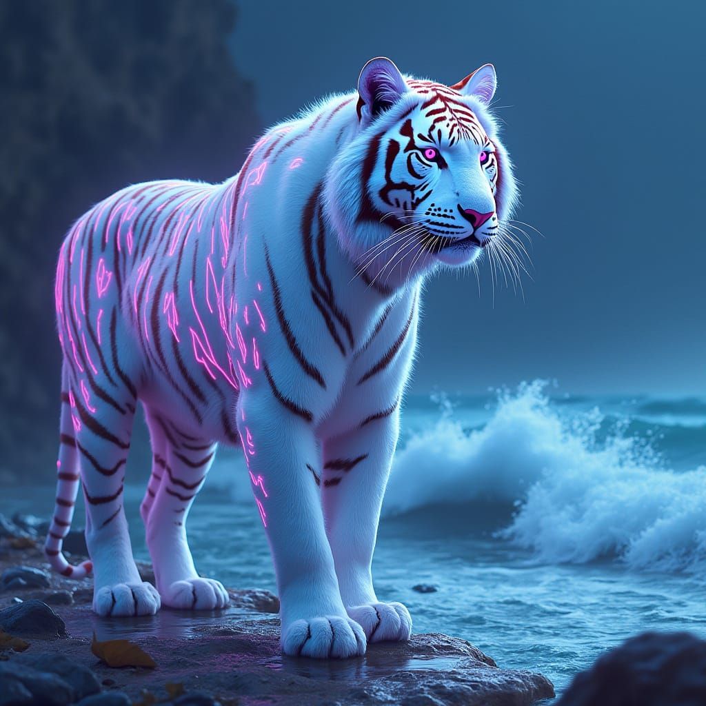 A striking picture of a majestic white Siberian tiger with glowing psychedelic patterns fur and ...