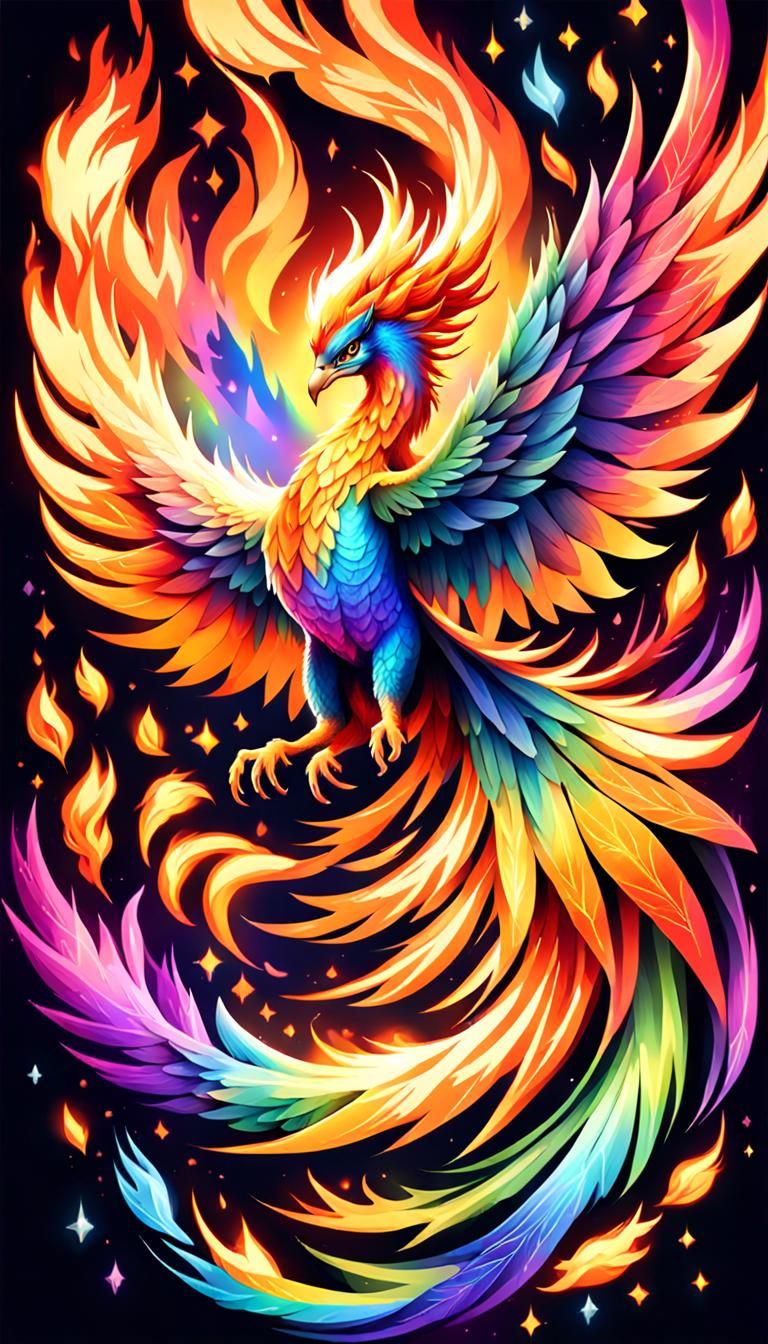 A magnificent, flaming, rainbow phoenix bursting to life from ...