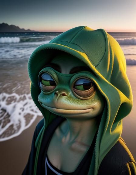 pepe frog meme, sheesh, clear sky and clear ocean in the horizon ...