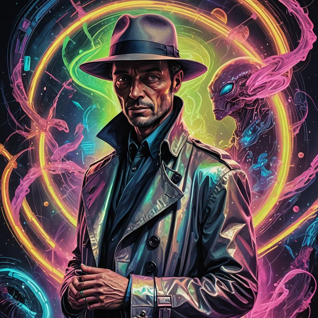 A Decteive in a Fedora hat and trench coat. moody neon of the Alien ...