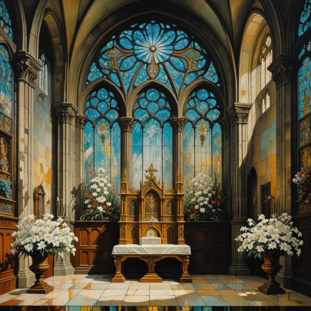 Cathedral altars within an interior scene, adorned with stained glass ...