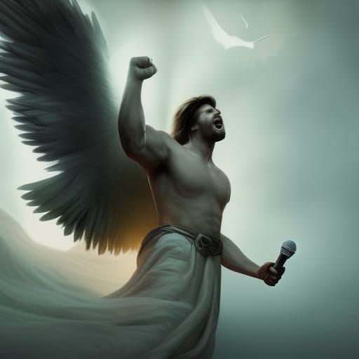 Angel singing very loud into a microphone with his fist in the air ...