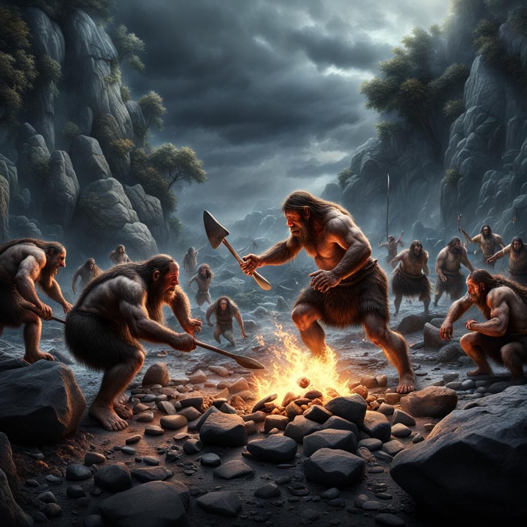 (Neanderthals_hitting_stones_to_make_fire) - AI Generated Artwork ...