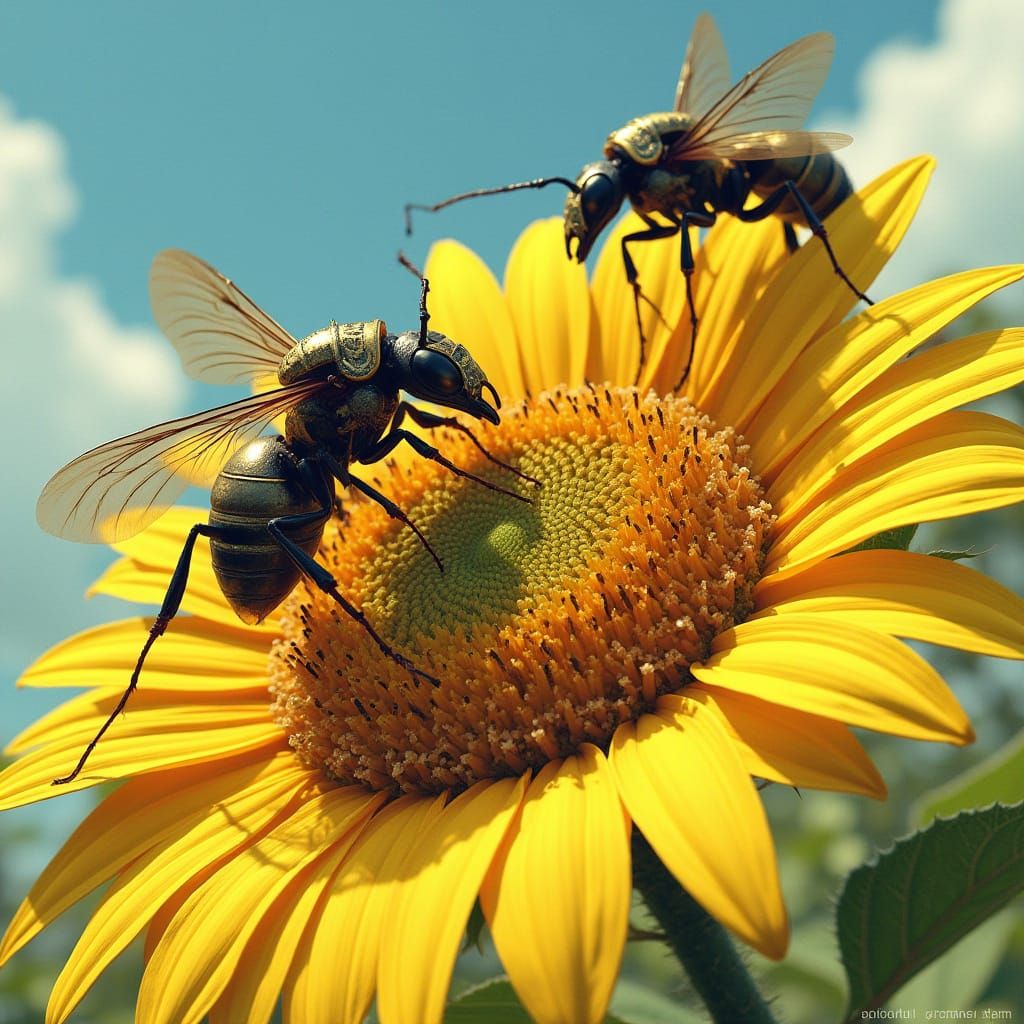 Samurai Ants Clash Atop Sunflower, Fantasy Art - AI Art